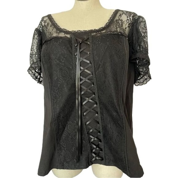 Tripp nyc | Tops | Tripp Nyc Top Black Lace Sleeves Ribbon Tie Zip Back ...